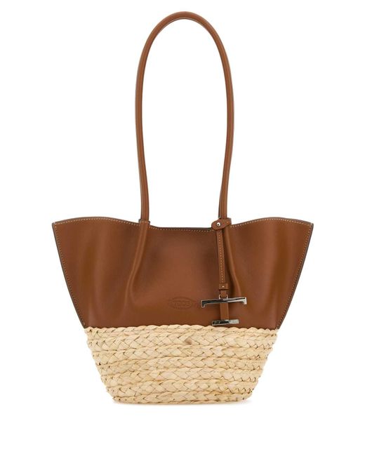Tod's Two-Tone Leather And Raffia Small Shopping Bag in White | Lyst