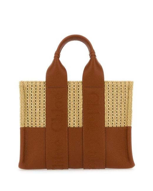 Chloé Two-Tone Raffia And Leather Small Woody Shopping Bag in Brown | Lyst
