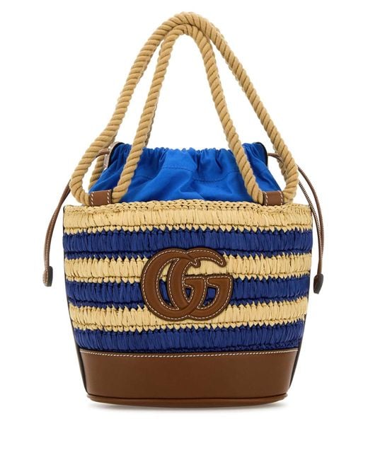 Gucci Two-Tone Raffia Mini Summer Bucket Bag in Blue | Lyst