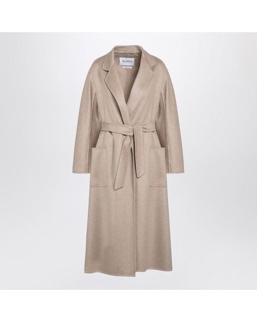 Max Mara Sand-Coloured Cashmere Long Coat in Natural | Lyst
