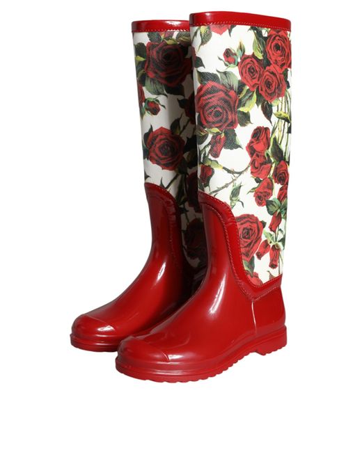 Dolce & Gabbana Floral Rubber Knee High Flat Boots Shoes in Red | Lyst