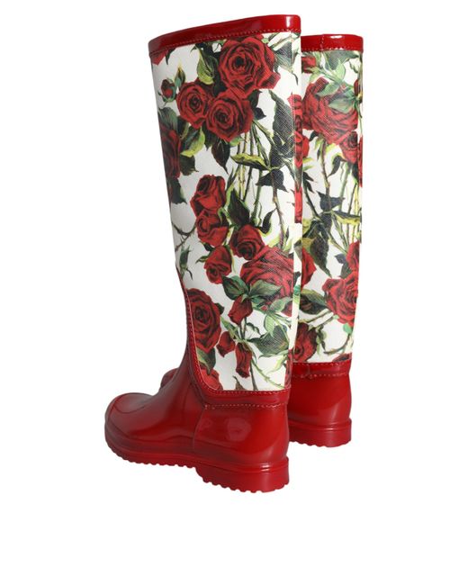Dolce & Gabbana Floral Rubber Knee High Flat Boots Shoes in Red | Lyst