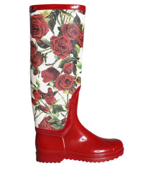 Dolce & Gabbana Floral Rubber Knee High Flat Boots Shoes in Red | Lyst