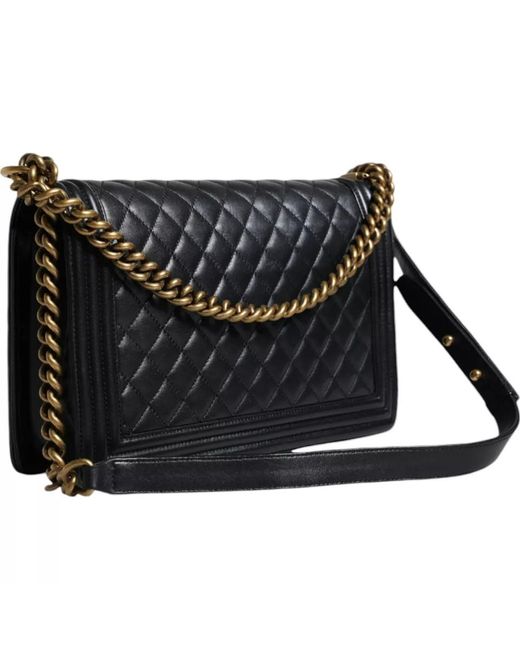 Chanel Large Lambskin Double Chain Leather Shoulder Bag in Black | Lyst