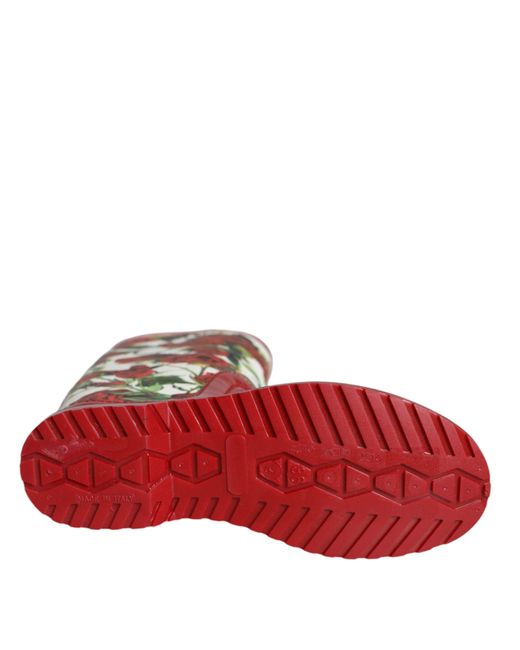 Dolce & Gabbana Floral Rubber Knee High Flat Boots Shoes in Red | Lyst