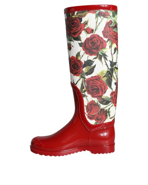 Dolce & Gabbana Floral Rubber Knee High Flat Boots Shoes in Red | Lyst
