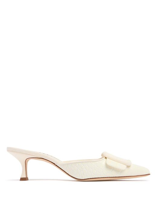 Manolo Blahnik 50mm Maysalebi Croc Embossed Mules in Natural | Lyst