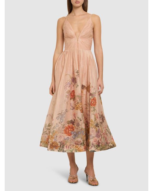 Zimmermann Pavilion Silk & Linen Organza Midi Dress in Pink | Lyst