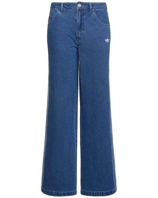 adidas Originals 3-Stripe Denim Wide Pants in Blue | Lyst