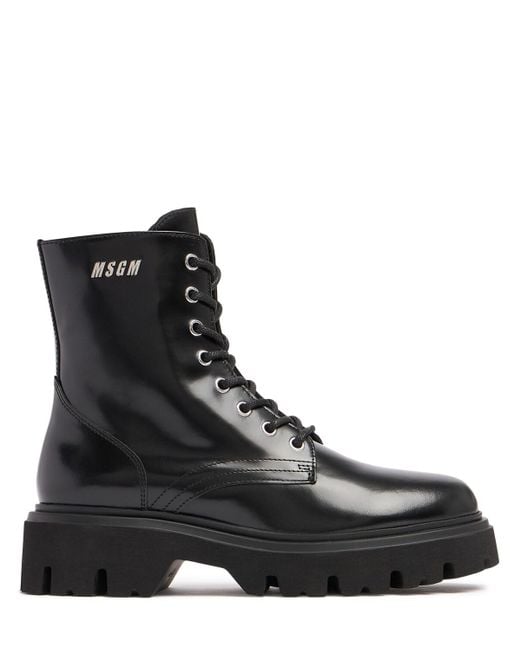 MSGM 40mm Combat Leather Boots in Black | Lyst