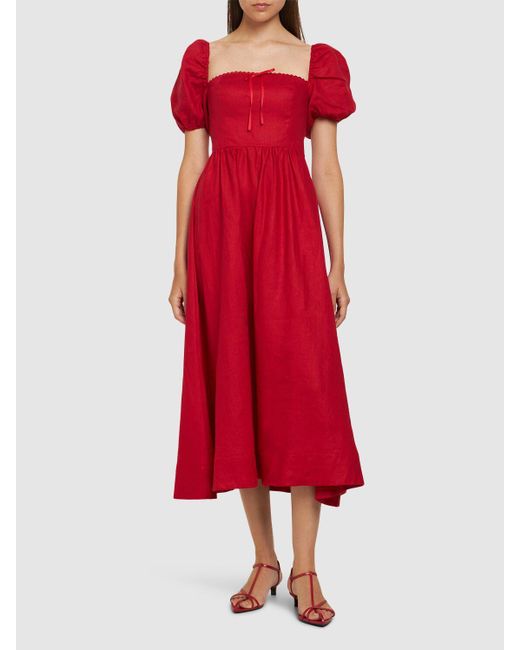 Reformation Marella Linen Puff Sleeve Midi Dress in Red | Lyst