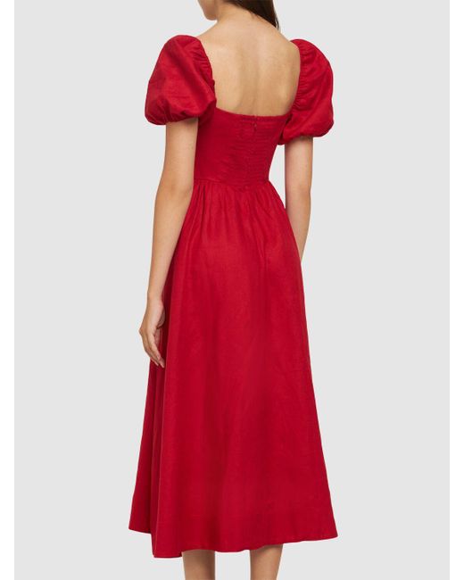 Reformation Marella Linen Puff Sleeve Midi Dress in Red | Lyst