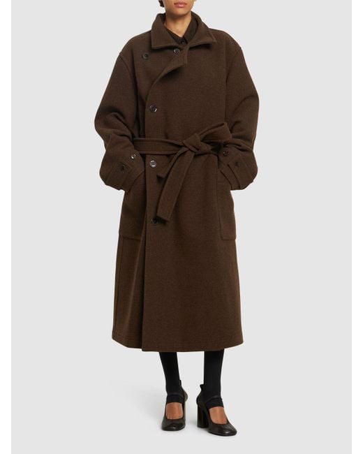 Lemaire Belted Double Wool Long Coat Dark in Brown | Lyst