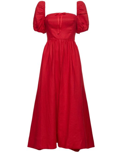 Reformation Marella Linen Puff Sleeve Midi Dress in Red | Lyst