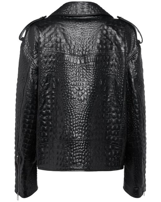 Blumarine Croc Embossed Leather Biker Jacket in Black | Lyst