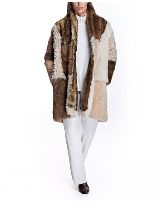 Julia & Stella By Maximilian Patchwork Shearling Coat in Brown | Lyst