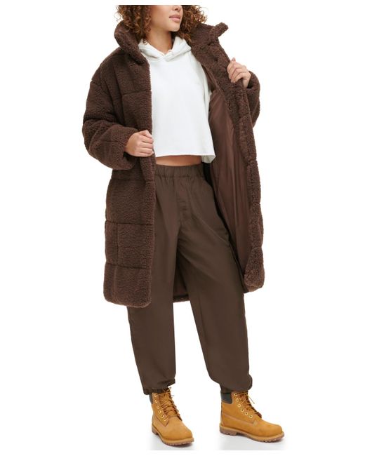 Levi's Long Sherpa Snap-closure Teddy Coat in Brown | Lyst