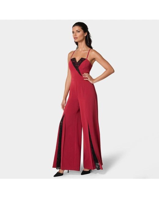Bebe Tuxedo Lace Combo Ultra Wide Leg Jumpsuit in Red | Lyst