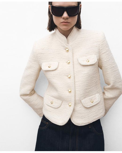Mango Mandarin Collar Tweed Jacket in Natural | Lyst