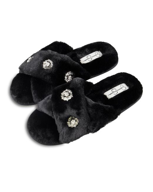 Jessica Simpson Embellished Cross Band Slide Slippers in Black | Lyst