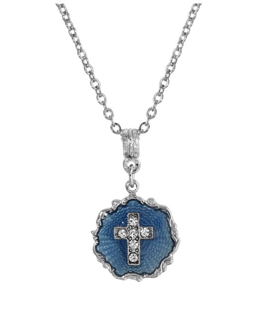 Symbols of Faith Silver-tone Enamel Crystal Cross Round Necklace in ...