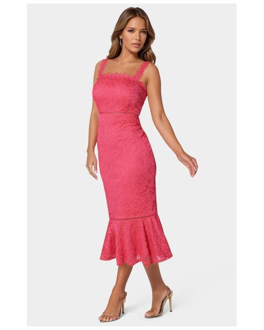 Bebe Lace Flounce Midi Dress in Red | Lyst