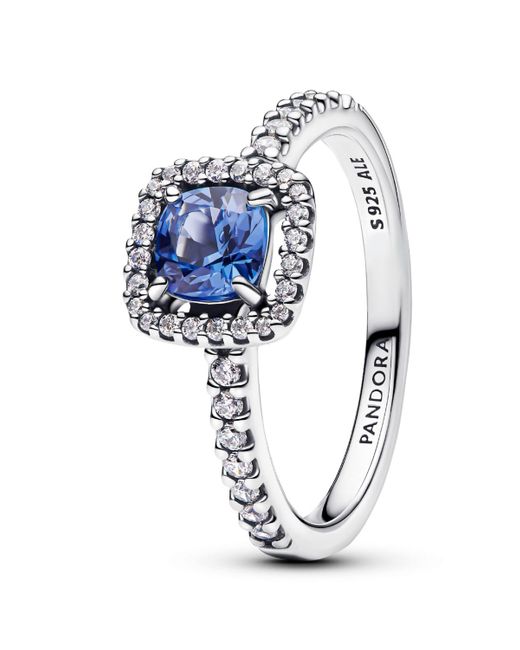 PANDORA Sparkling Square Blue Halo Ring in White | Lyst