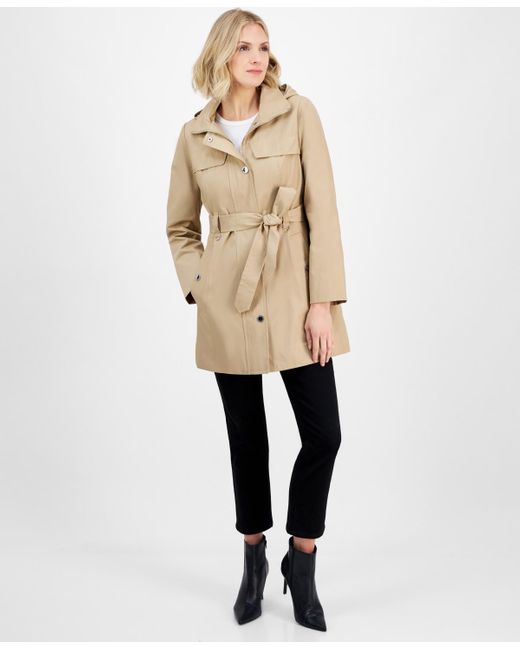 London Fog Zip-front Hooded Belted Trench Coat in Natural | Lyst