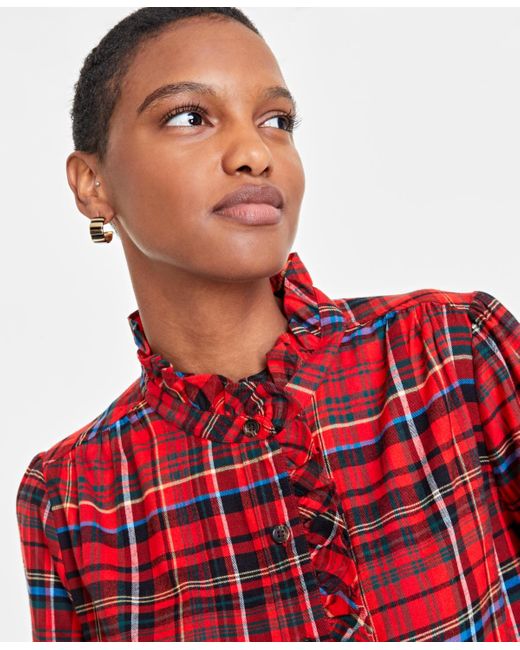 On 34th Festive Plaid Ruffle-neck Flannel Shirt in Red | Lyst