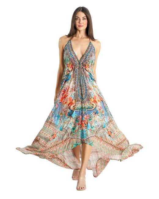 La Moda Clothing Maxi Print Halterneck Dress in Blue | Lyst