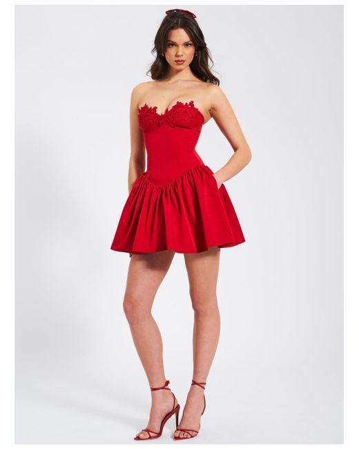 Miss Circle Sacha Lace Drop Waist Corset Puffy Mini Dress in Red | Lyst