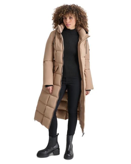 DKNY Maxi Belted Hooded Puffer Coat in Natural | Lyst