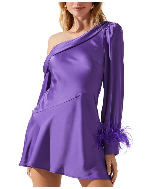 Astr Augusta Feather-trim One-shoulder Dress in Purple | Lyst