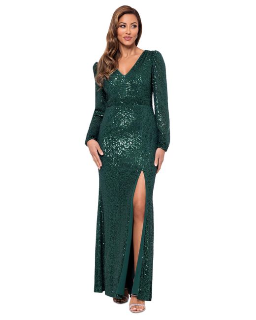 Xscape Sequinned High-slit Evening Gown in Green | Lyst