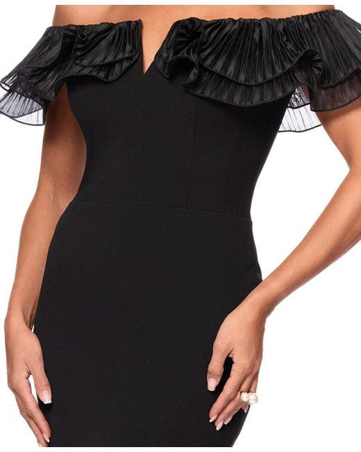 Xscape Ruffled Off-the-shoulder Side-slit Gown in Blue | Lyst