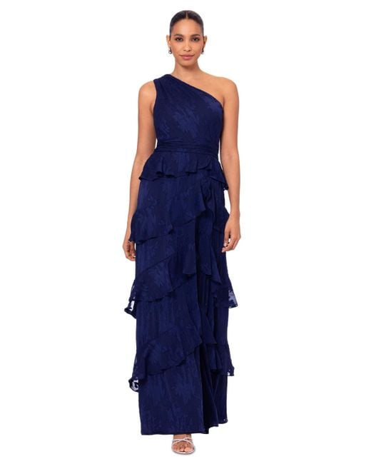 Xscape Tiered One-shoulder Gown in Blue | Lyst