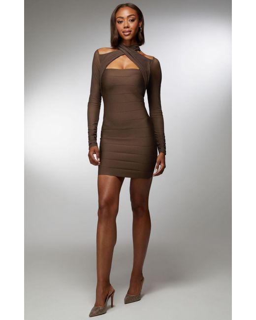 Bebe X Ciara Mesh Overlay Bandage Dress in Brown | Lyst