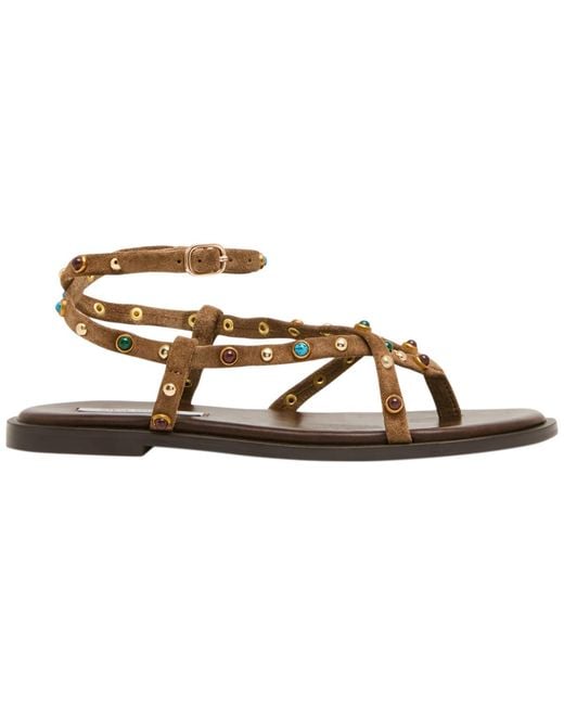 Steve Madden Mathis Embellished Strappy Flat Sandals in Brown | Lyst