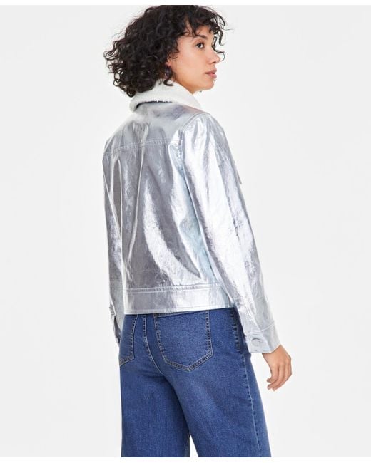 On 34th Solid Metallic Faux-leather Jacket in Blue | Lyst