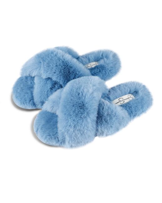 Jessica Simpson Extra Soft High Plush Cross Band Slide Slippers in Blue ...