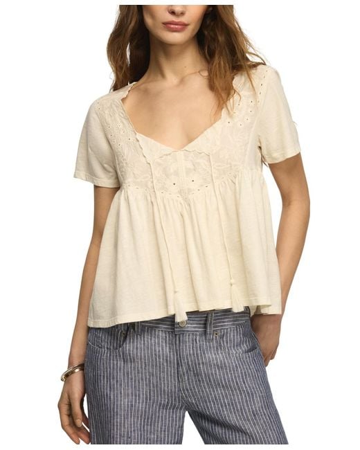 Lucky Brand Short-sleeve Embroidered Yoke Tassel Top in Natural | Lyst
