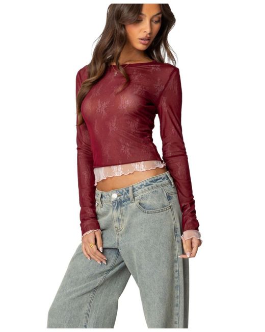 Edikted Lacey Sheer Mesh Crew Neck Top in Red | Lyst