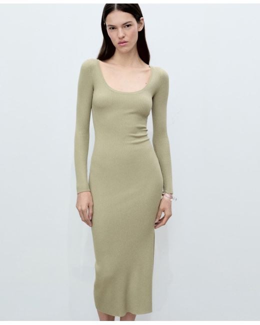 Mango Ribbed Knit Midi Dress in Green | Lyst
