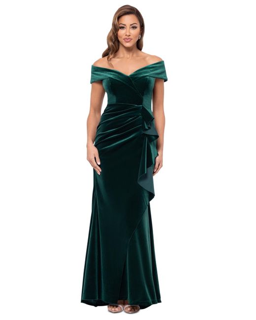 Xscape Petite Ruffled Off-the-shoulder Velvet Gown in Green | Lyst