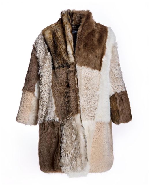 Julia & Stella By Maximilian Patchwork Shearling Coat in Brown | Lyst