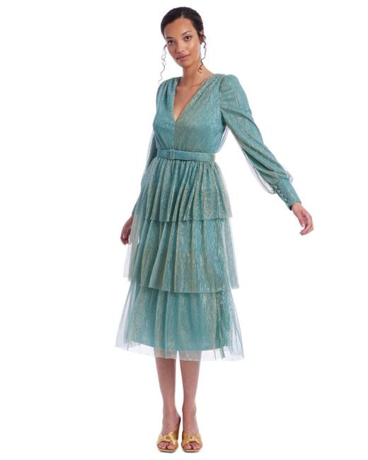 Badgley Mischka Jewel Badgley Mishka Metallic Tiered Midi Dress in Blue ...