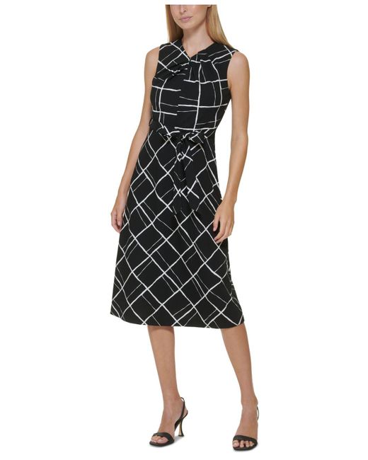 Calvin Klein Synthetic V Neck Scuba Crepe A Line Dress In Black Cream