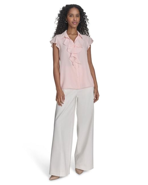 Calvin Klein Ruffled Flutter-sleeve Button-front Blouse in Pink | Lyst