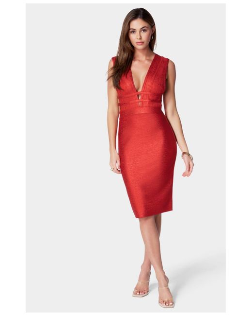 Bebe Plunge Metallic Dress in Red | Lyst