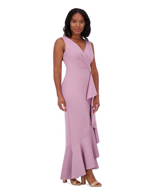 Jessica Howard Cascade-ruffle Surplice-neck Gown in Red | Lyst